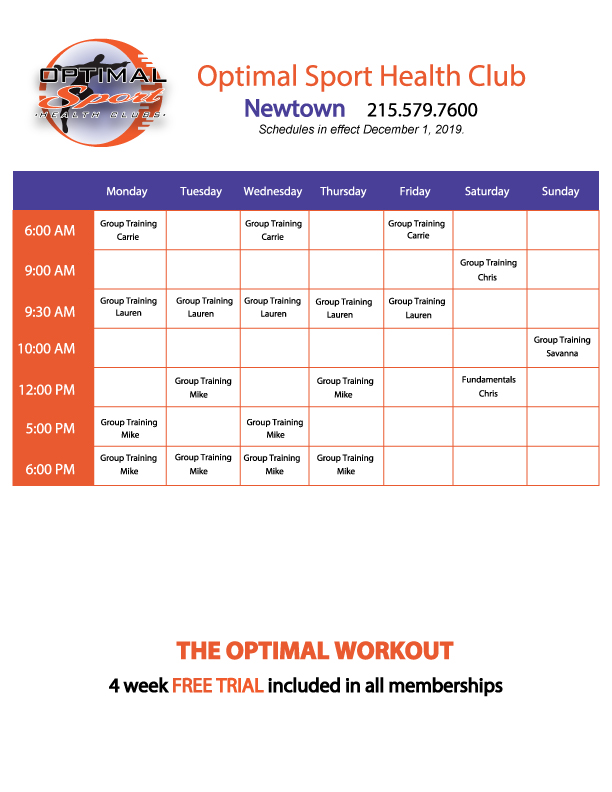 Class Schedule, Newtown | Optimal Sport Health Clubs
