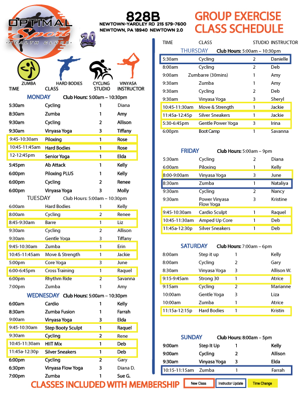 Class Schedule, Newtown | Optimal Sport Health Clubs