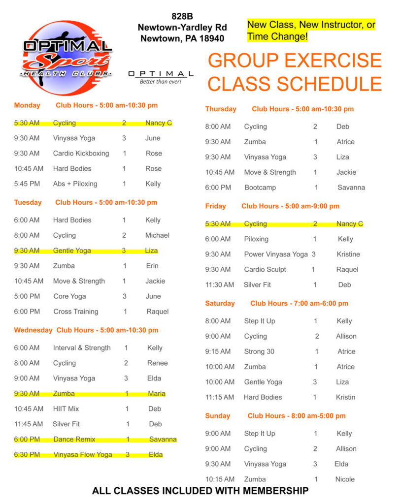 Class Schedule, Newtown | Optimal Sport Health Clubs
